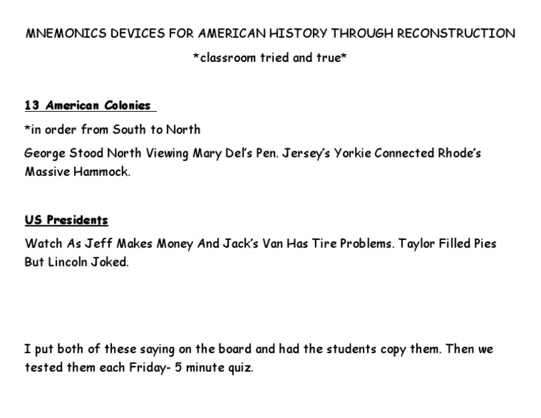Mnemonic S Devices For American History Through Reconstruction | PDF