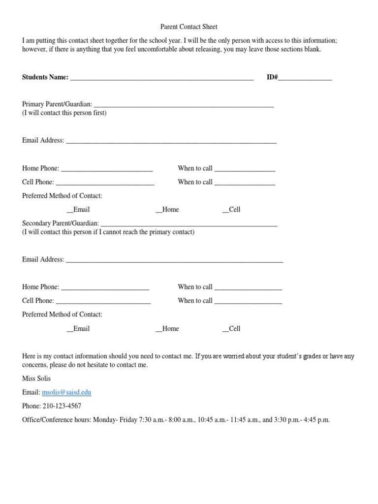 Parent Contact Sheet | PDF