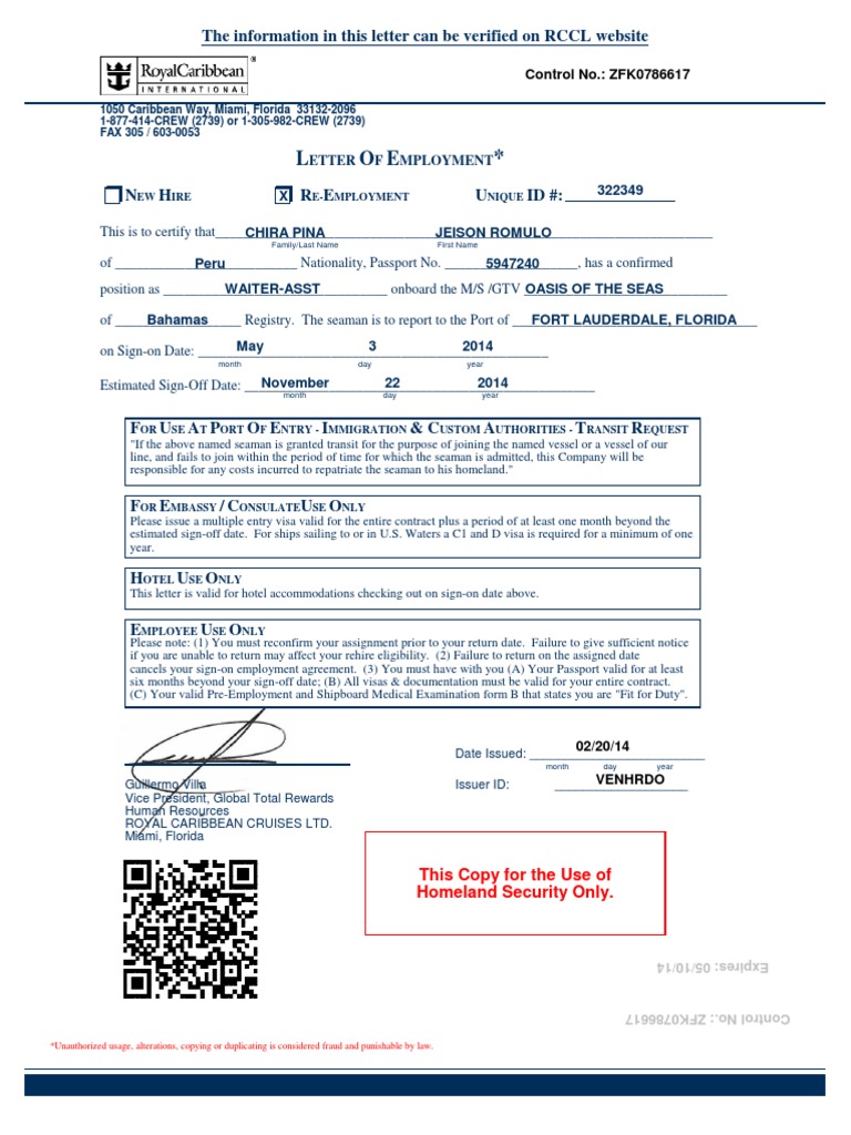 Royal Caribbean Employment Confirmation | PDF | Travel Visa | Passport