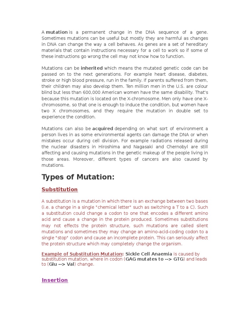 Types of Mutation:: Substitution | PDF | Mutation | Point Mutation