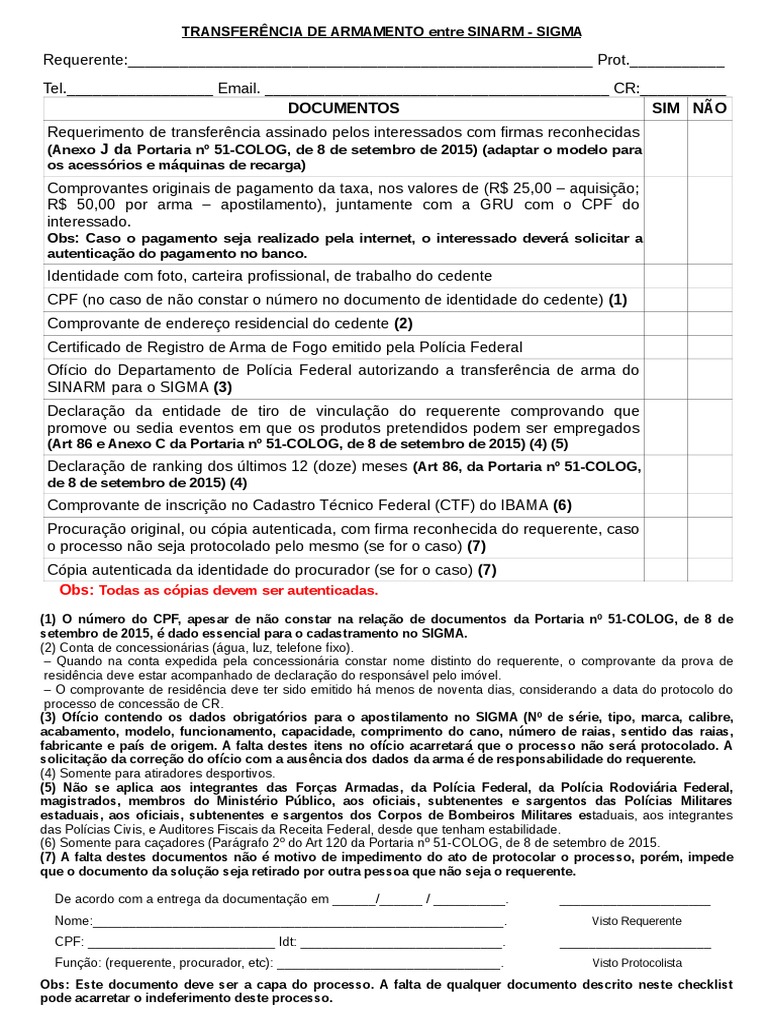 Checklist Transferência De Armamento Entre Sinarm E Sigma Atualizado Em