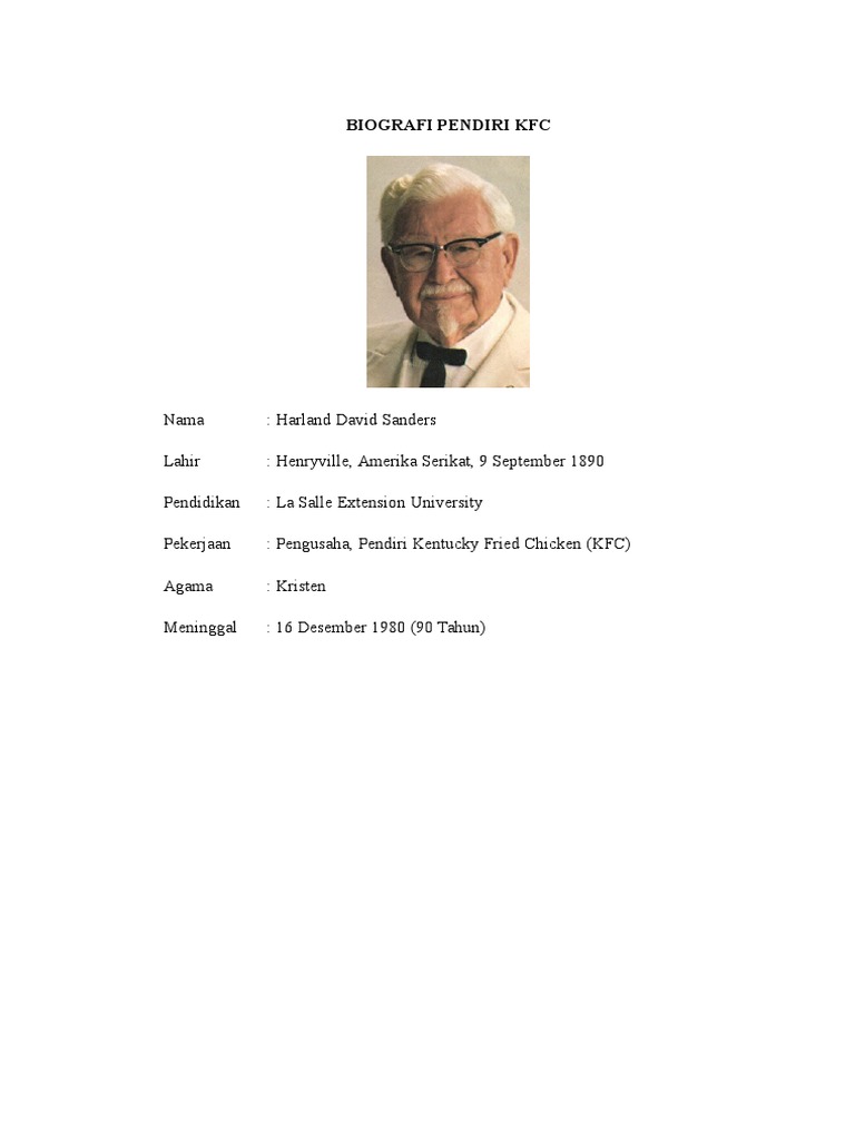 Biografi Harland Sanders, Pendiri KFC | PDF | Gaya Hidup | Bisnis