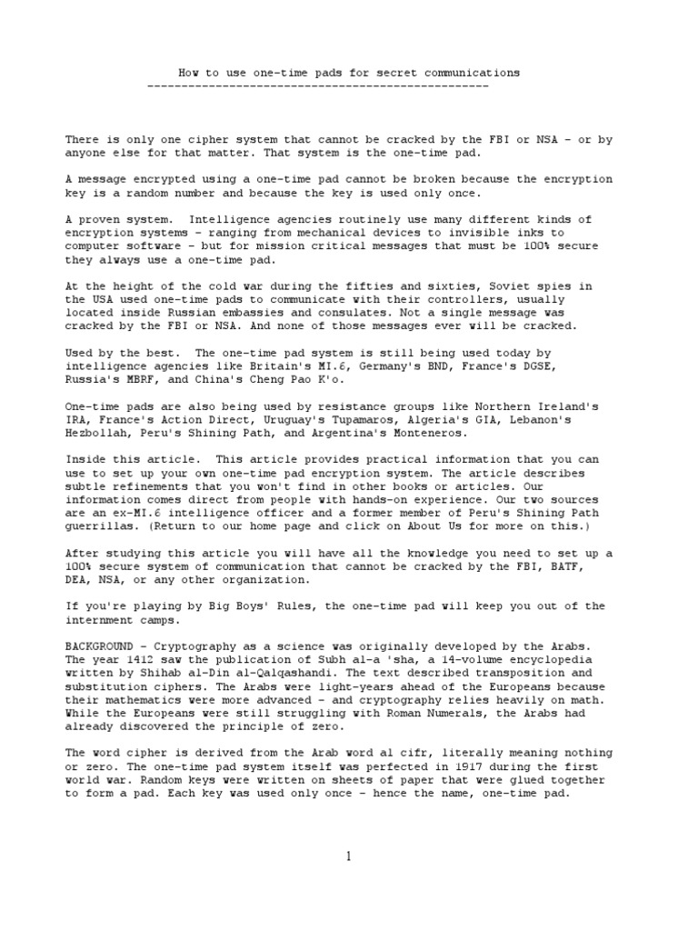 One Time Pad 1 PDF | PDF | Cryptography | Key (Cryptography)