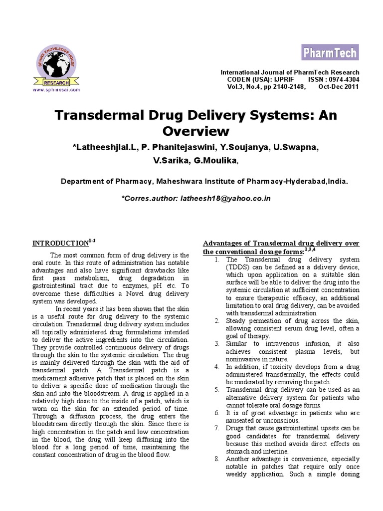 Transdermal Drug Delivery Systems (An Overview) PDF | PDF | Epidermis | Surfactant
