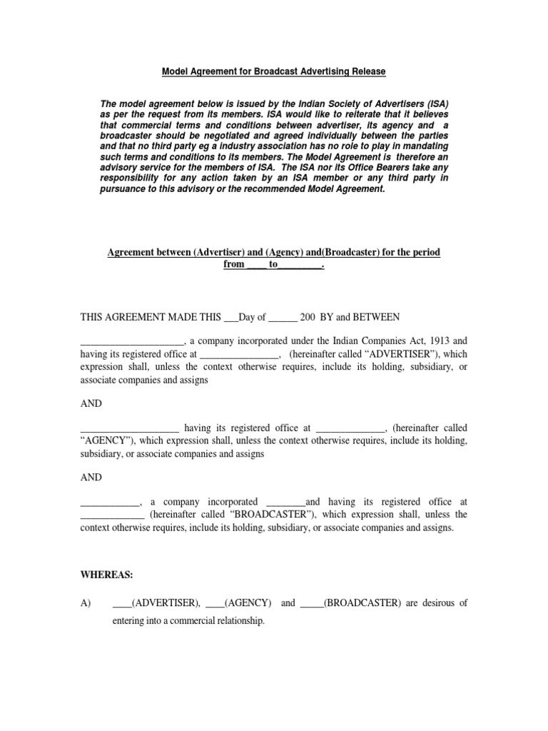 Model Broadcasting Contract | PDF | Television Advertisement | Arbitration