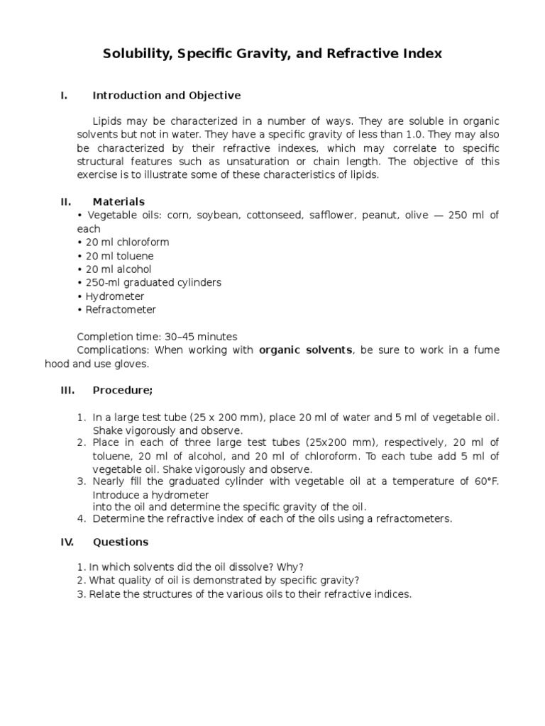 Solubility, Specific Gravity, Refractive Index of Oils | PDF