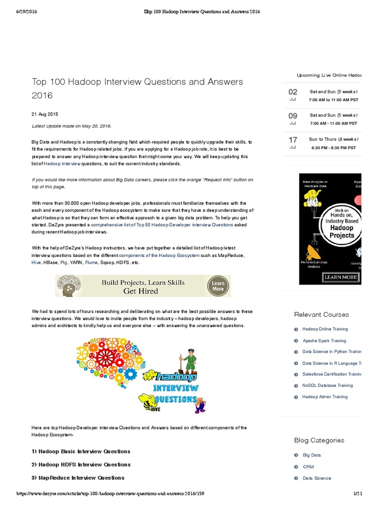 Top 100 Hadoop Interview Questions and Answers 2016 | PDF | Apache Hadoop | Map Reduce