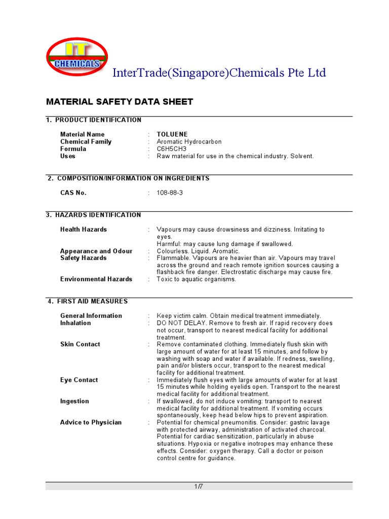 IT TOLUENE MSDS（Intertrade Singapore） | Toxicity | Personal Protective ...