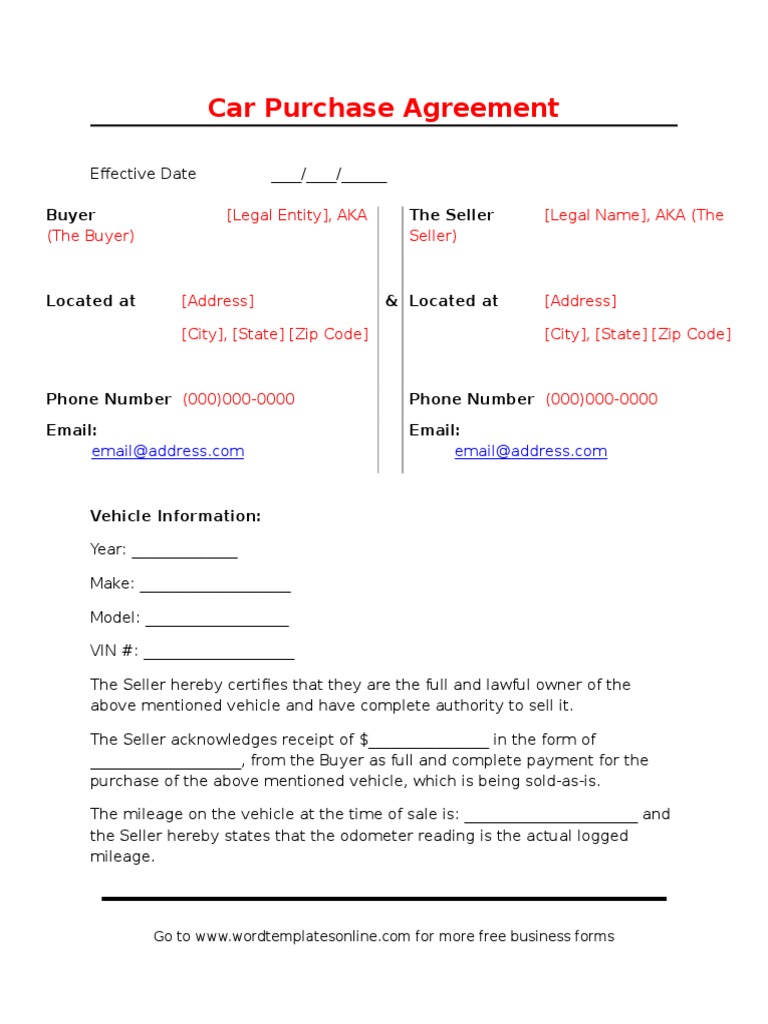 Car Purchase Agreement Template | PDF | Ownership | Sales