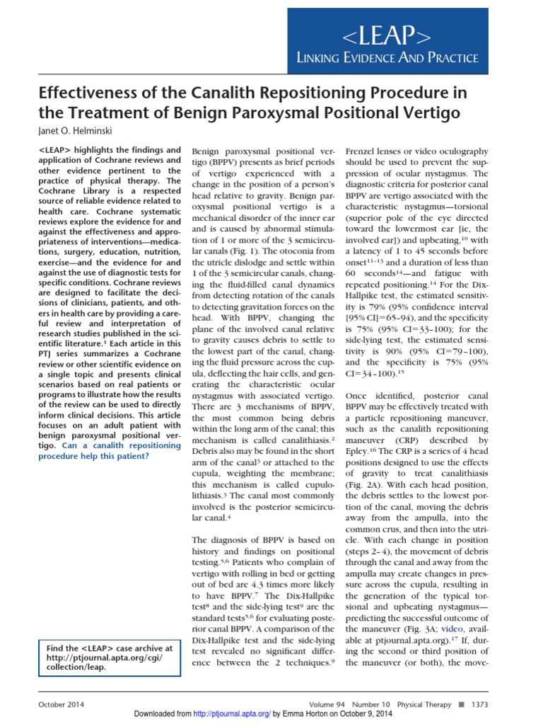 Effectiveness of The Canalith Repositioning Procedure in The Treatment of Benign Paroxysmal ...