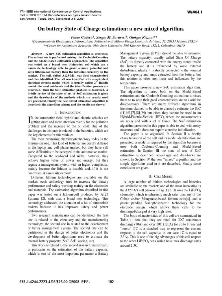 On Battery State of Charge Estimation - A New Mixed Algorithm PDF | PDF ...