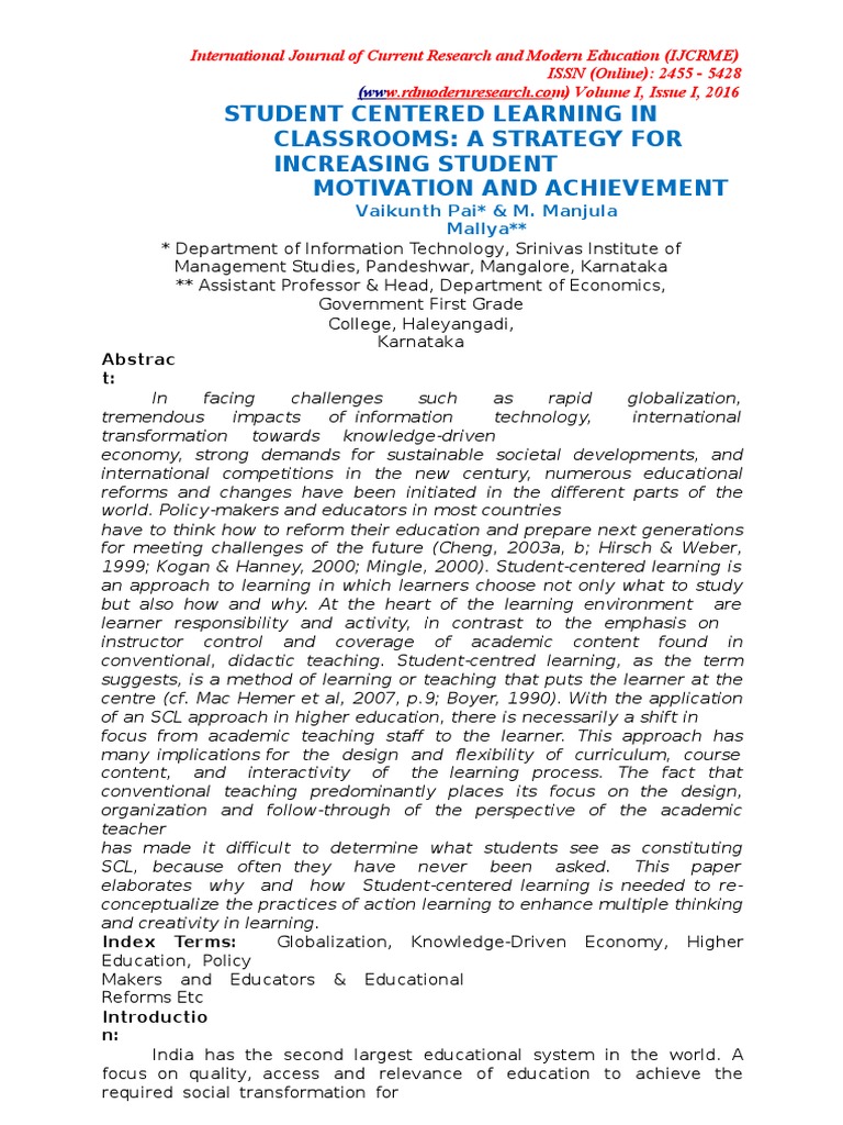 Student Centered Learning in Classrooms: A Strategy For Increasing ...