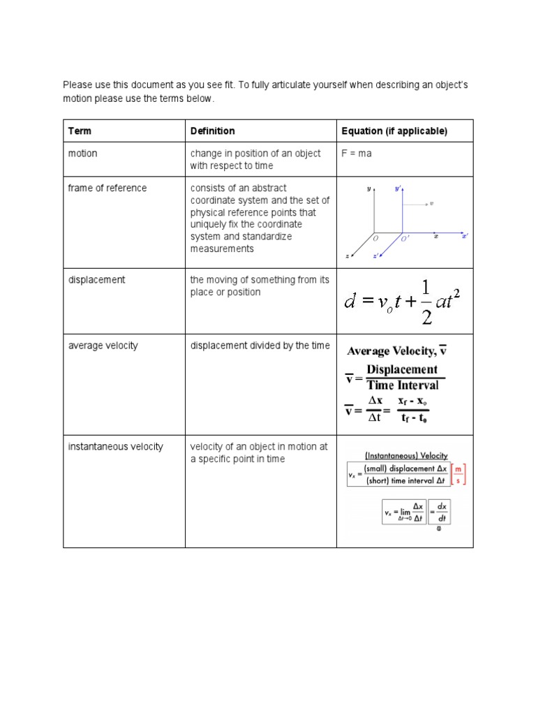 Motion Vocabulary Sheet | PDF | Teaching Methods & Materials | Science ...