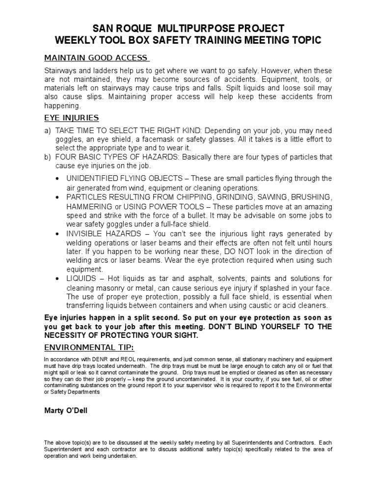 San Roque Multipurpose Project Weekly Tool Box Safety Training Meeting ...