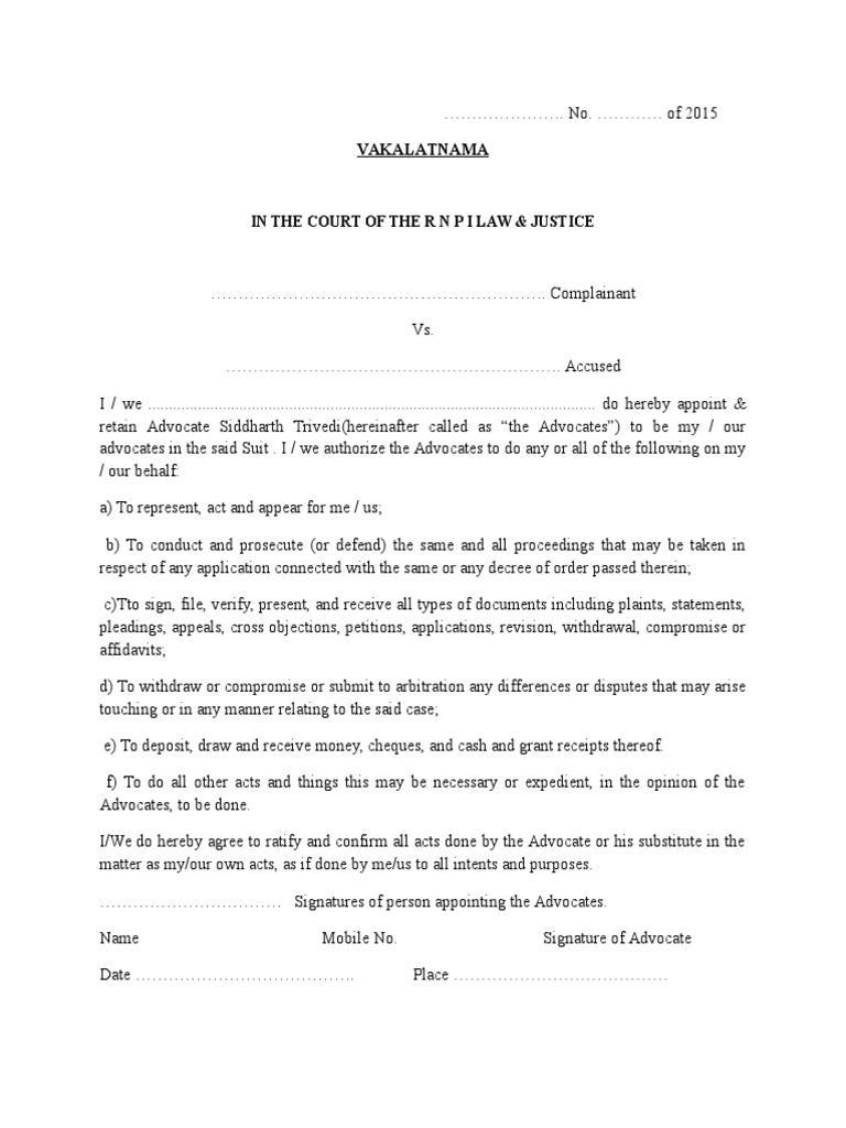 Vakalatnama: in The Court of The R N P I Law & Justice | PDF