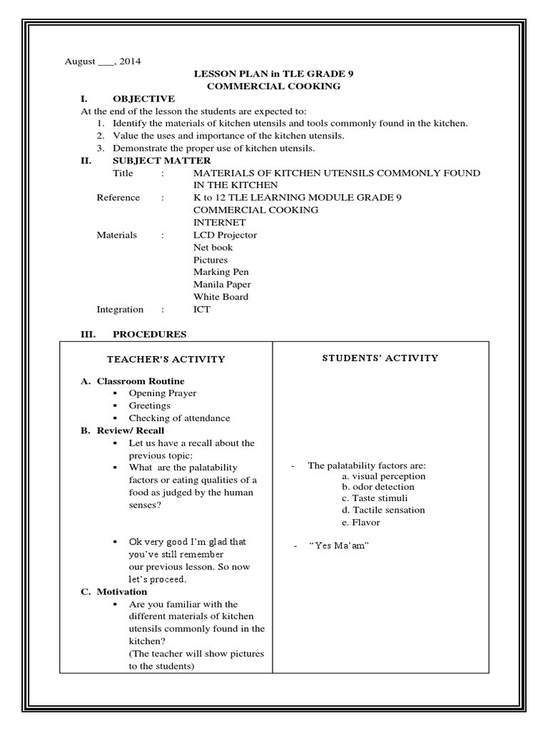 Detailed Lesson Plan in Tle Kitchen Utensils and Equipment | PDF ...