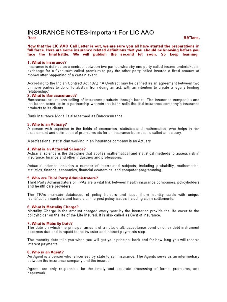 Insurance Notes-Important For Lic Aao | PDF | Actuarial Science | Actuary