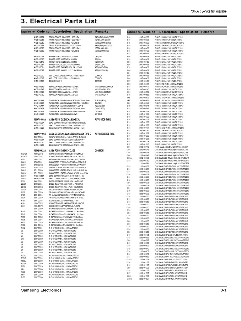 Electrical Parts List: Code No. Description Specifiation Remarks Code ...