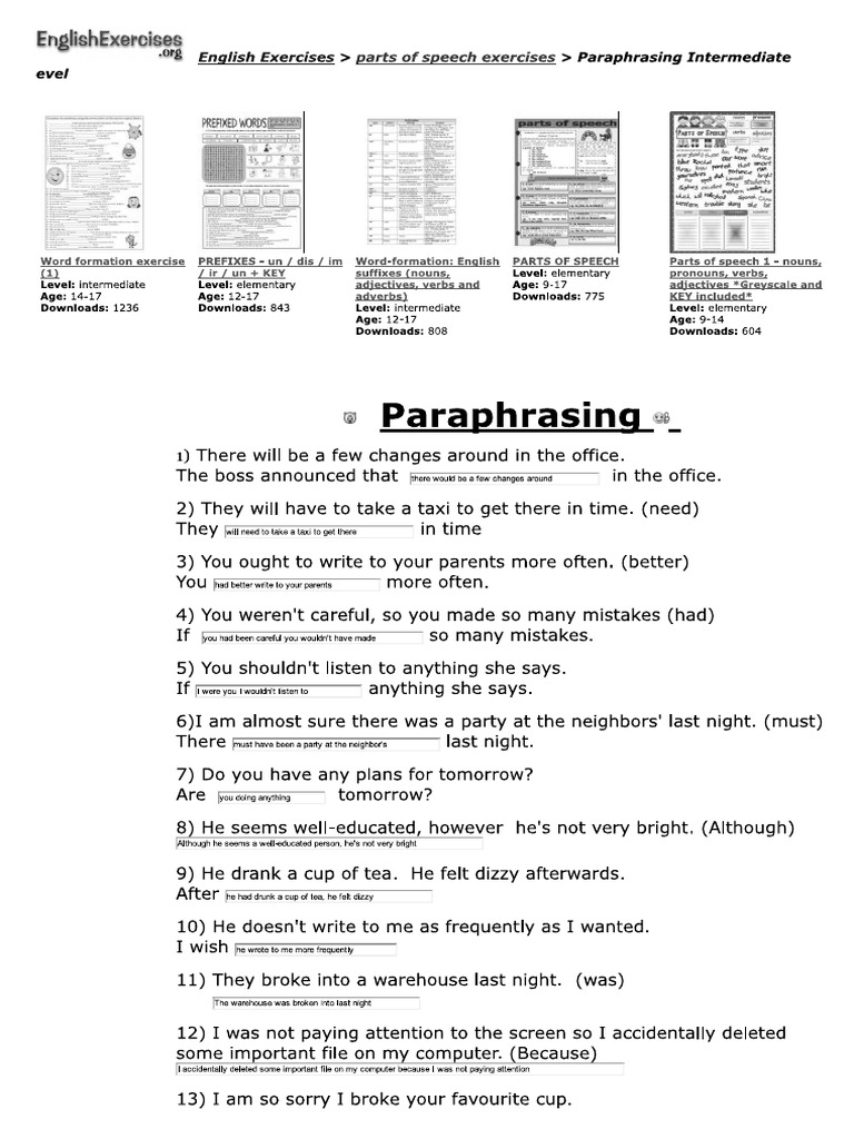 English Exercises - Paraphrasing Intermediate Evel | PDF