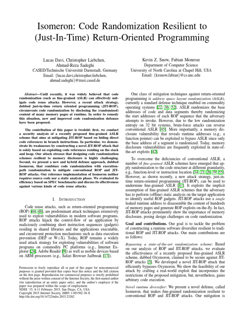 Isomeron: Code Randomization Resilient To (Just-In-Time) Return-Oriented Programming | PDF ...