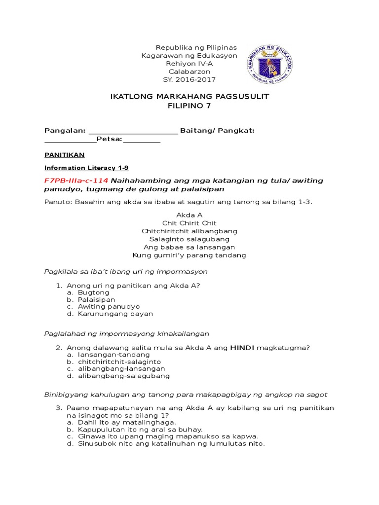 3rd Quarter Filipino 7 | PDF