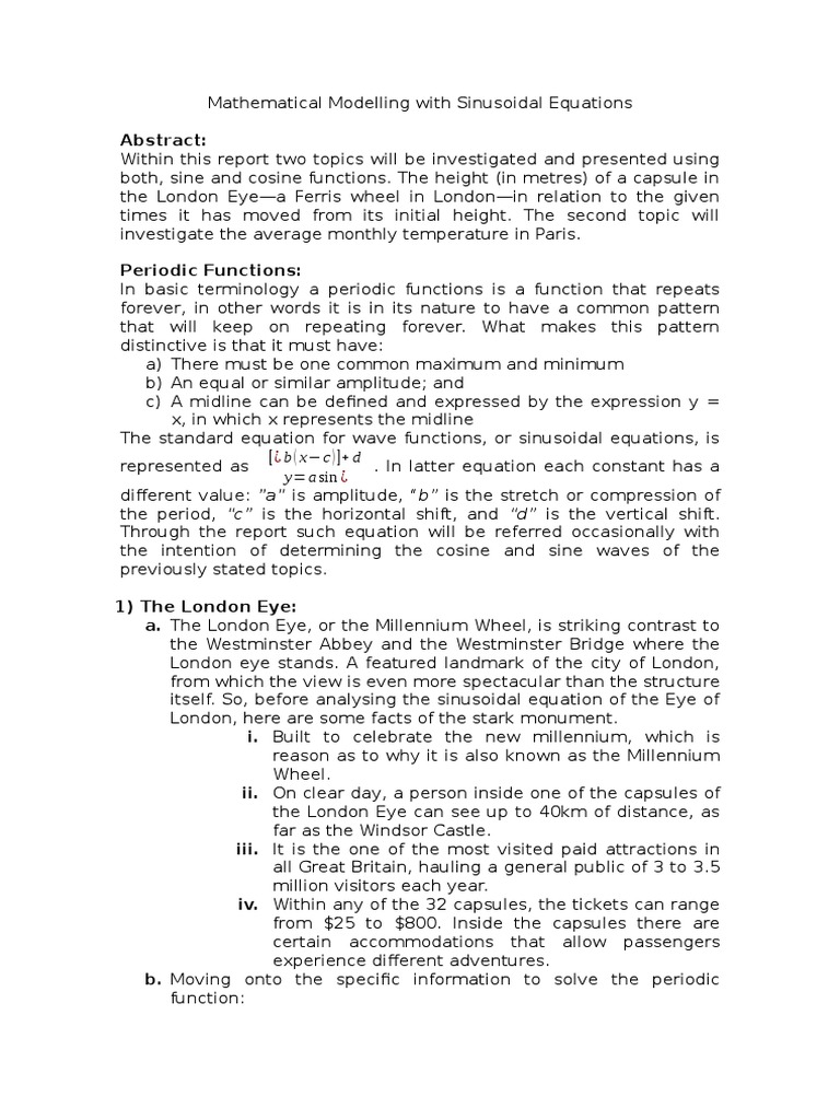 Mathematical Modelling With Sinusoidal Equations Pdf Sine Sine Wave