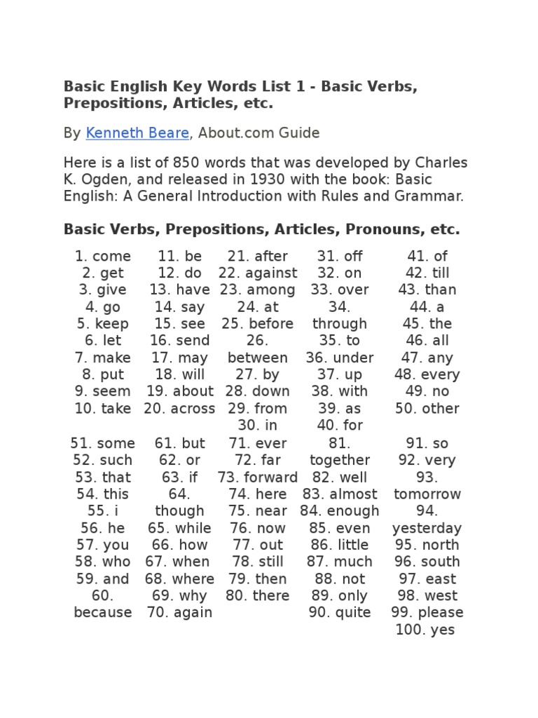 Basic English Key Words List 1 | PDF