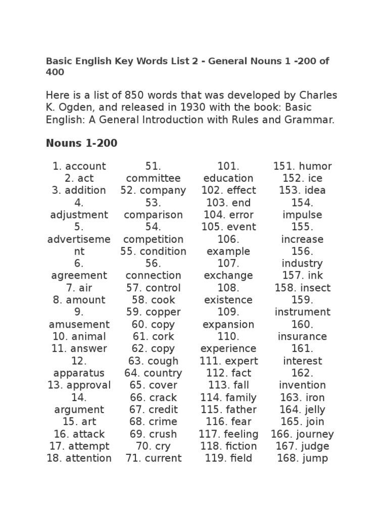 Basic English Key Words List 2 | PDF