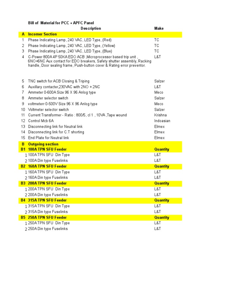 PCC + APFC Panel Bill of Material | PDF | Components | Equipment