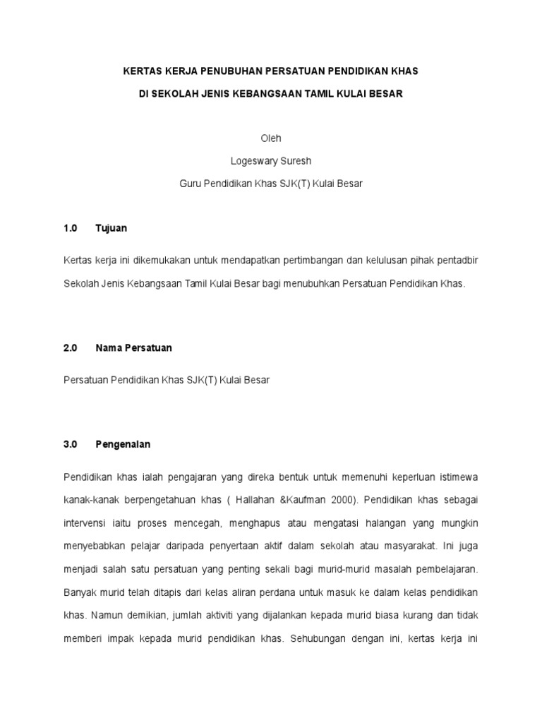 Kertas Kerja Penubuhan Persatuan Pendidikan Khas | PDF