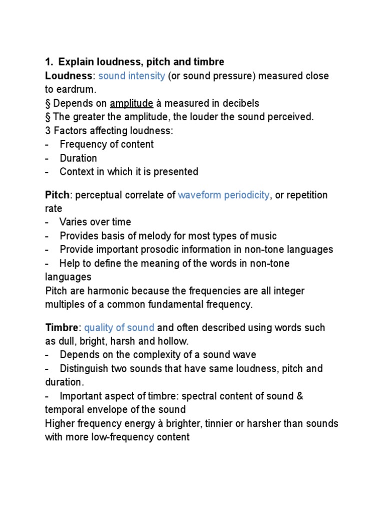 Sound Intensity: 1. Explain Loudness, Pitch and Timbre Loudness | PDF ...