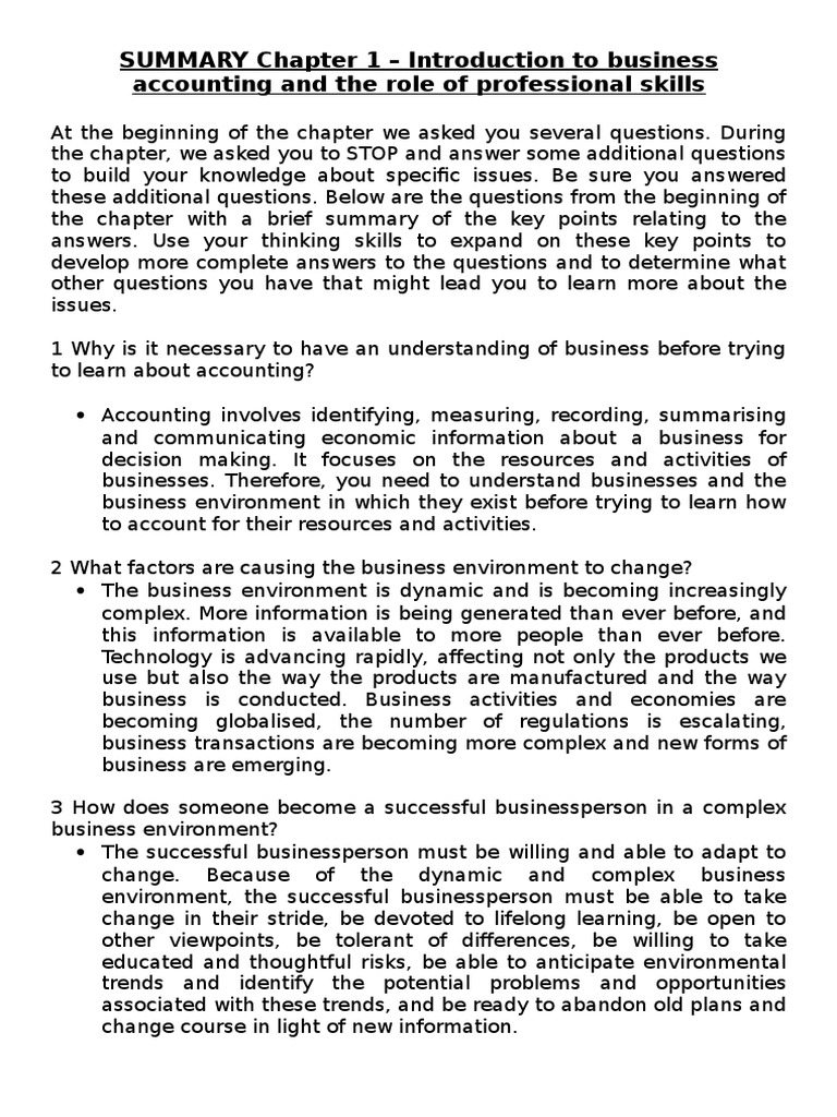 SUMMARY Chapter 1 - Introduction To Business Accounting and The Role of ...