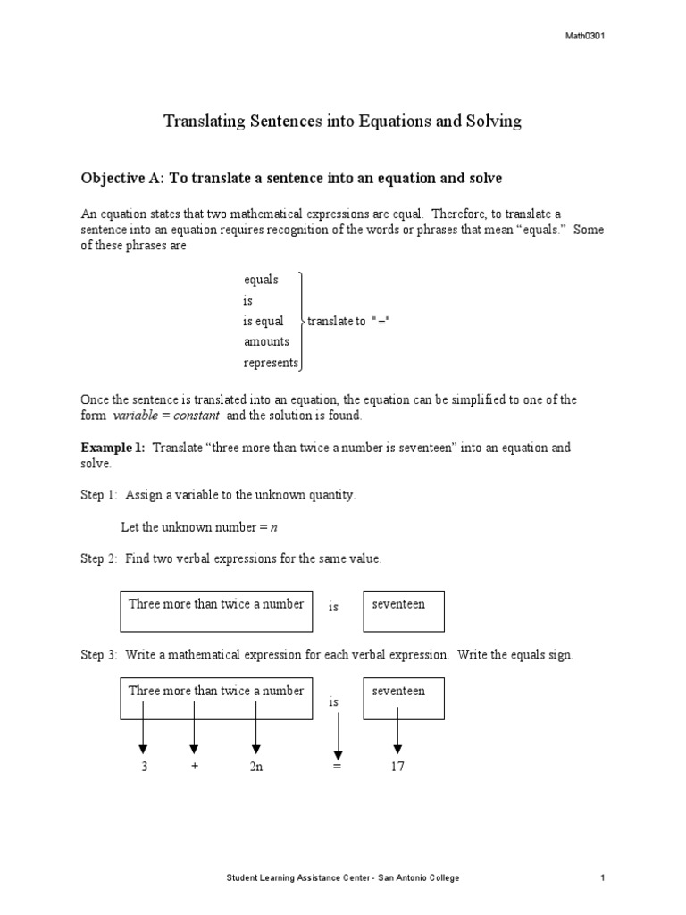 MATH0301-Translating Sentences Into Equations | PDF | Variable (Mathematics) | Equations