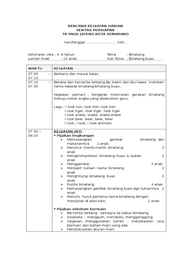 Contoh RKH Sentra Persiapan Paud | PDF