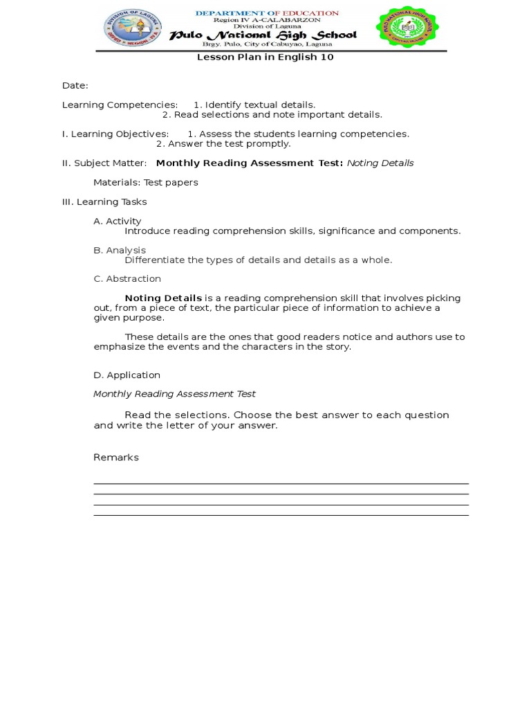 Lesson Plan Noting Details | Lesson Plan | Reading Comprehension