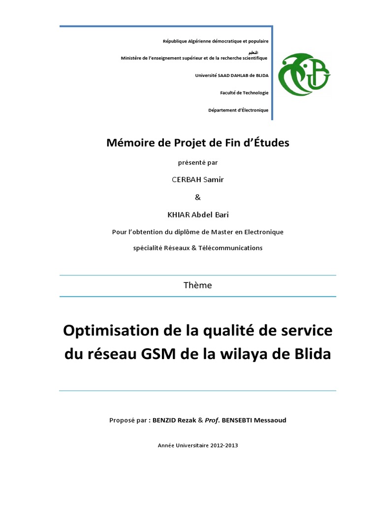 Optimisation de QoS Du Réseau GSM de BLIDA | PDF | GSM | Réseau cellulaire