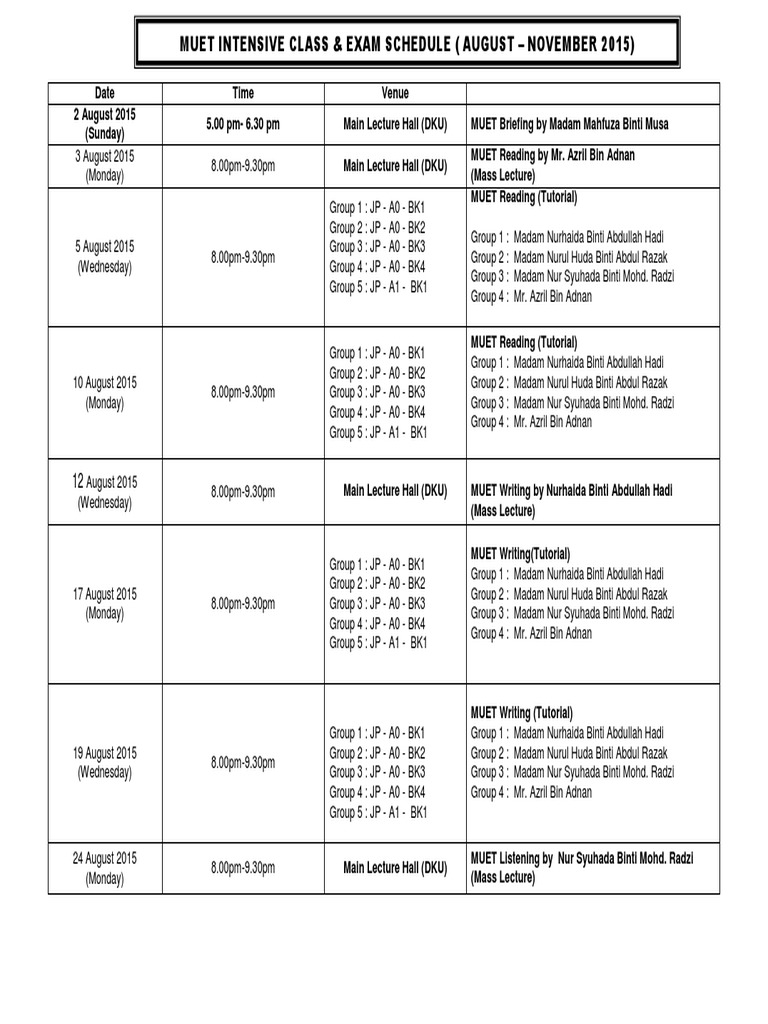 Muet Intensive Class & Exam Schedule (August - November 2015) | PDF ...