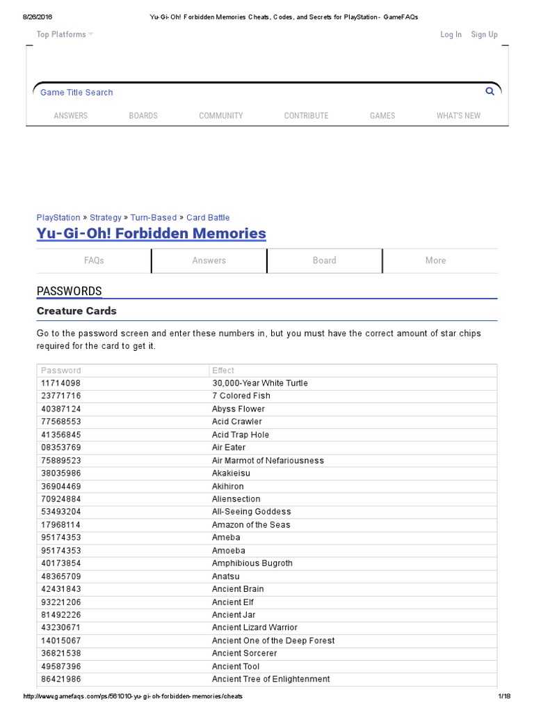 Yu-Gi-Oh! Forbidden Memories Cheats, Codes, and Secrets For PlayStation ...