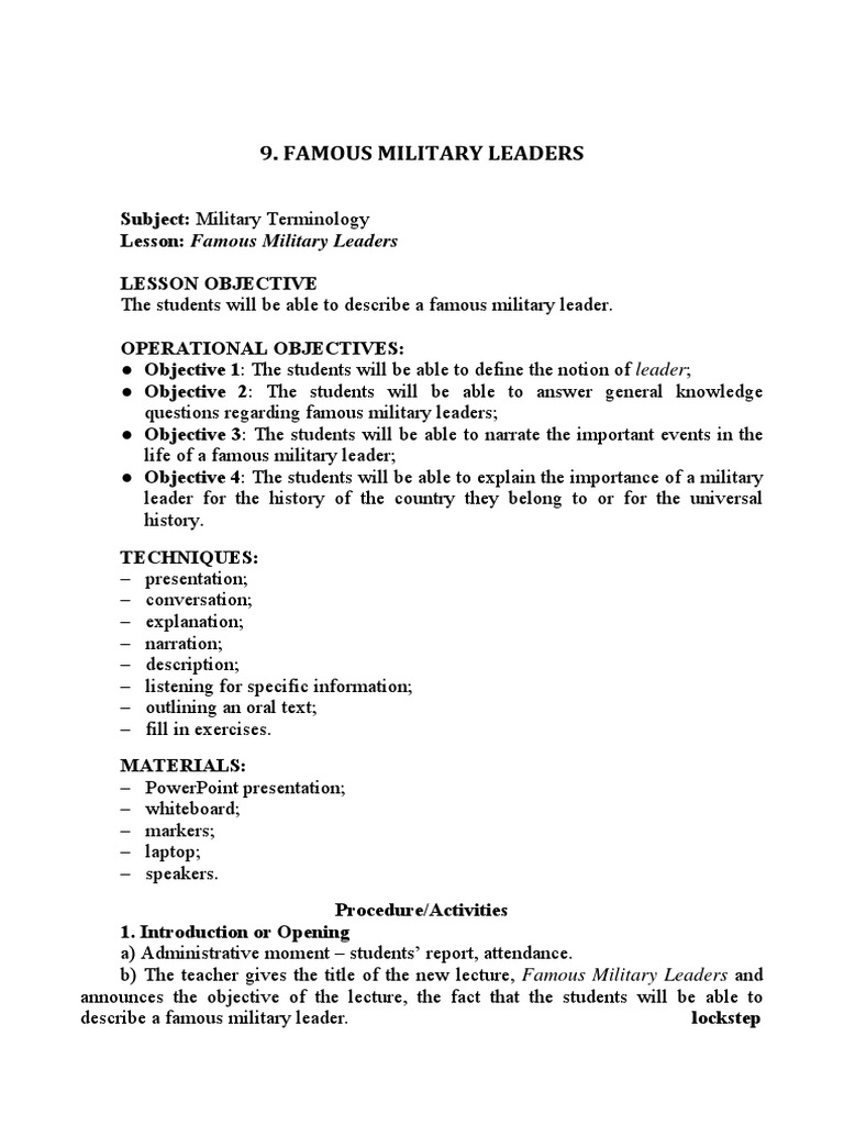 Subject: Military Terminology Lesson: Famous Military Leaders Lesson ...