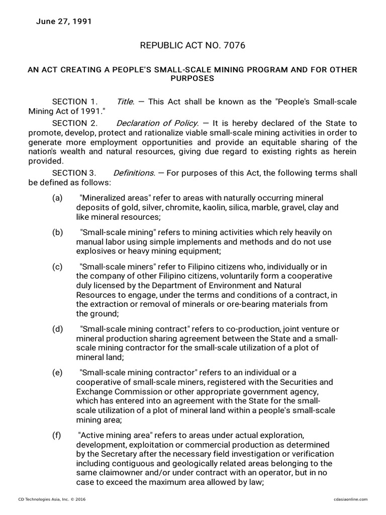 62721-1991-People S Small-Scale Mining Act of 1991 | PDF | Mining ...