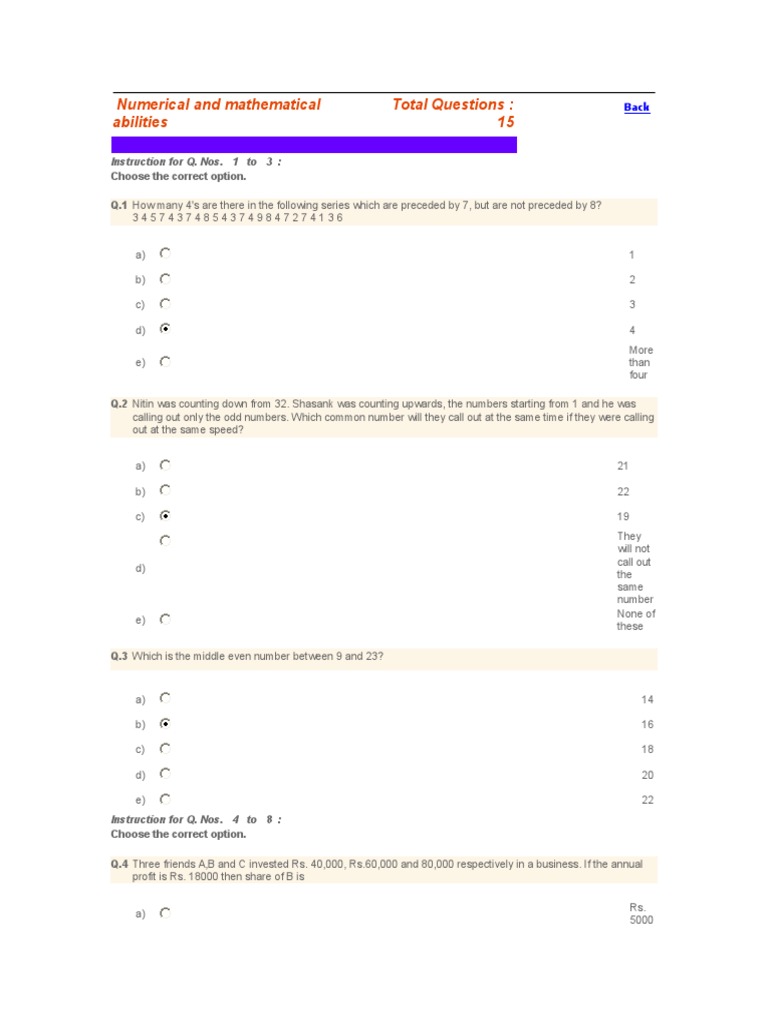 Numerical and Mathematical Abilities Total Questions: 15: Instruction ...