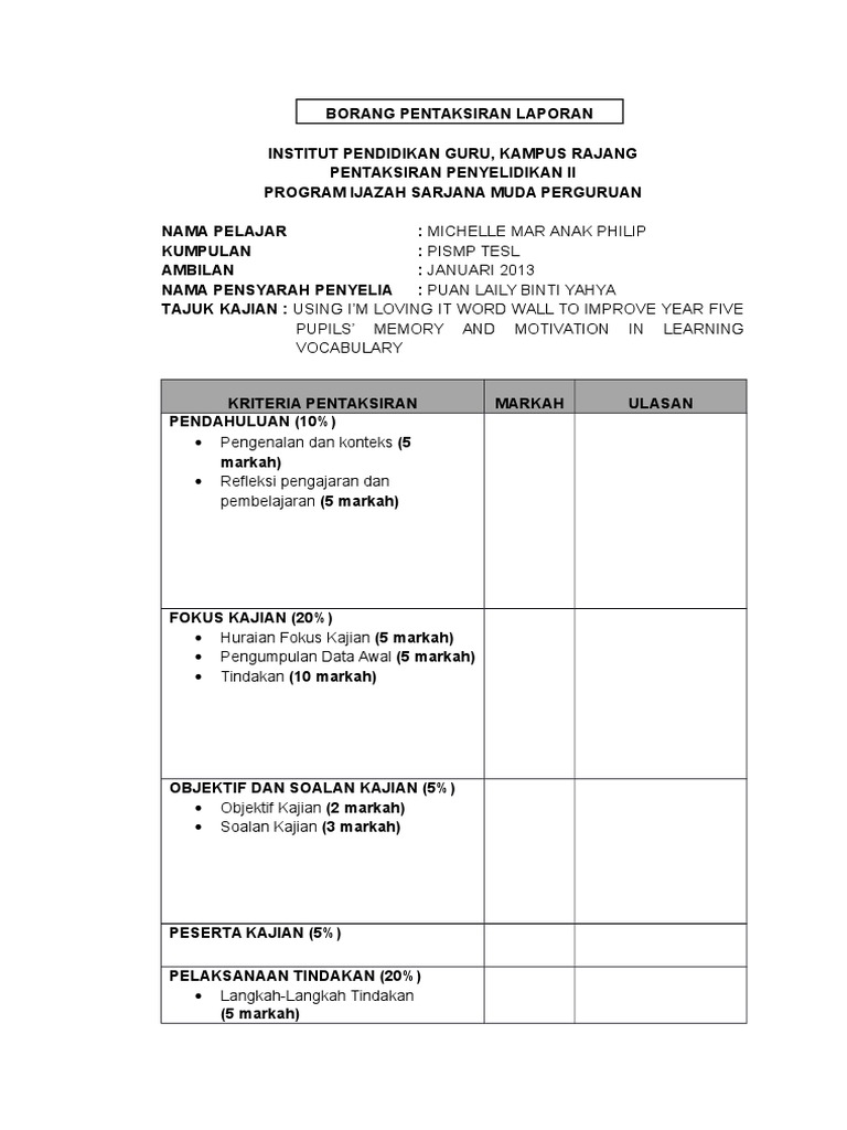 Borang Pentaksiran Laporan | PDF
