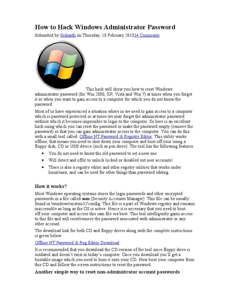 How To Hack Windows Administrator Password | PDF | Password | Windows ...
