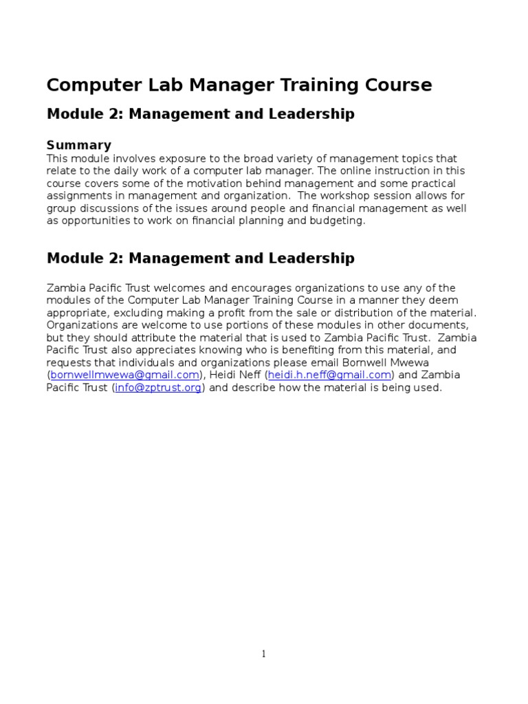 Computer Lab Manager Training Module 2 Management and Leadership ...