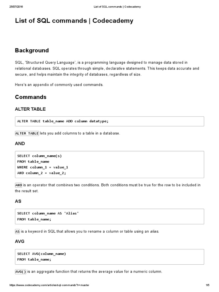 List of SQL Commands - Codecademy | PDF | Table (Database) | Sql
