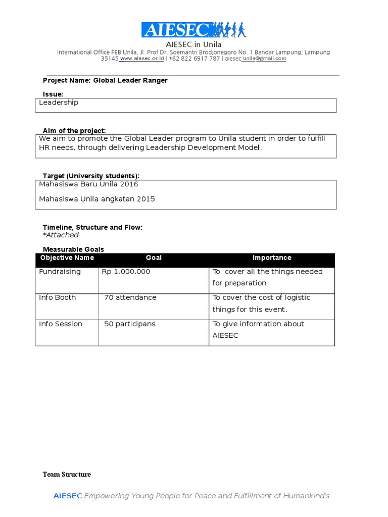 Project Name: Global Leader Ranger Issue:: AIESEC in Unila | Download ...