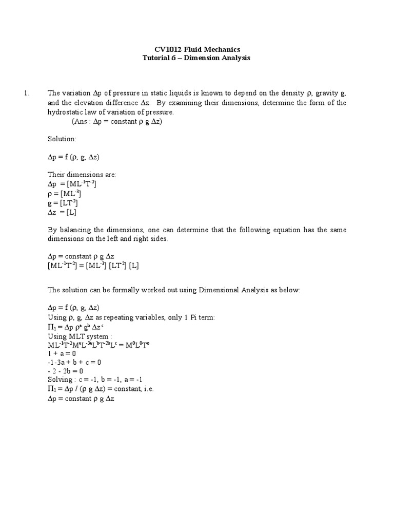 Dimensional Analysis in Fluid Mechanics | PDF | Dynamics (Mechanics ...