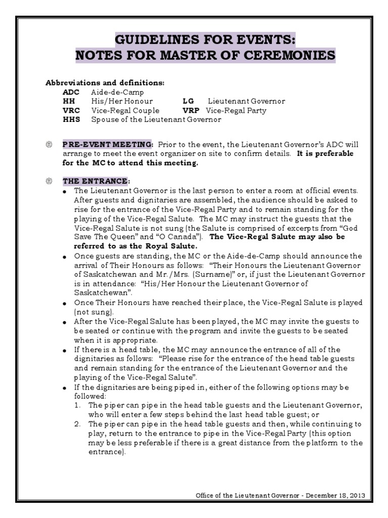 Event MC Guidelines for Lieutenant Governor | PDF | Law | Travel