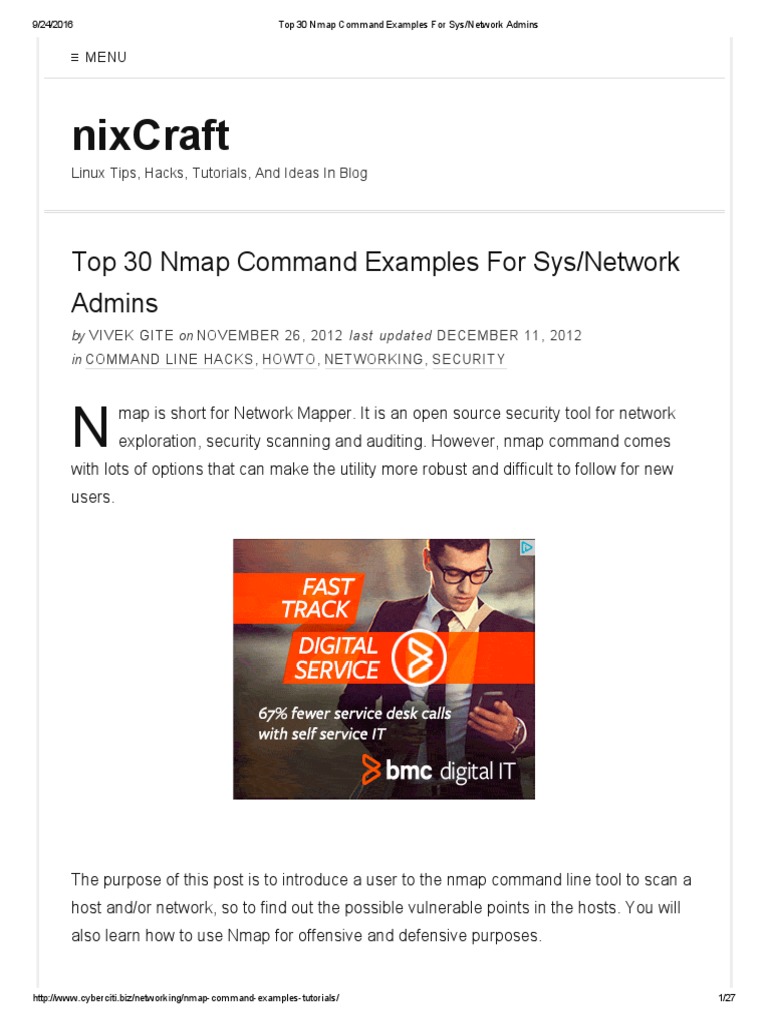 Top 30 Nmap Command Examples For Sys - Network Admins | PDF | Port ...