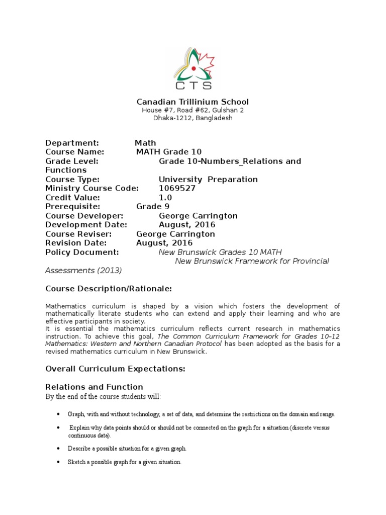 Mathematics Grade 10 Course Outline for Relations and Functions, Roots ...